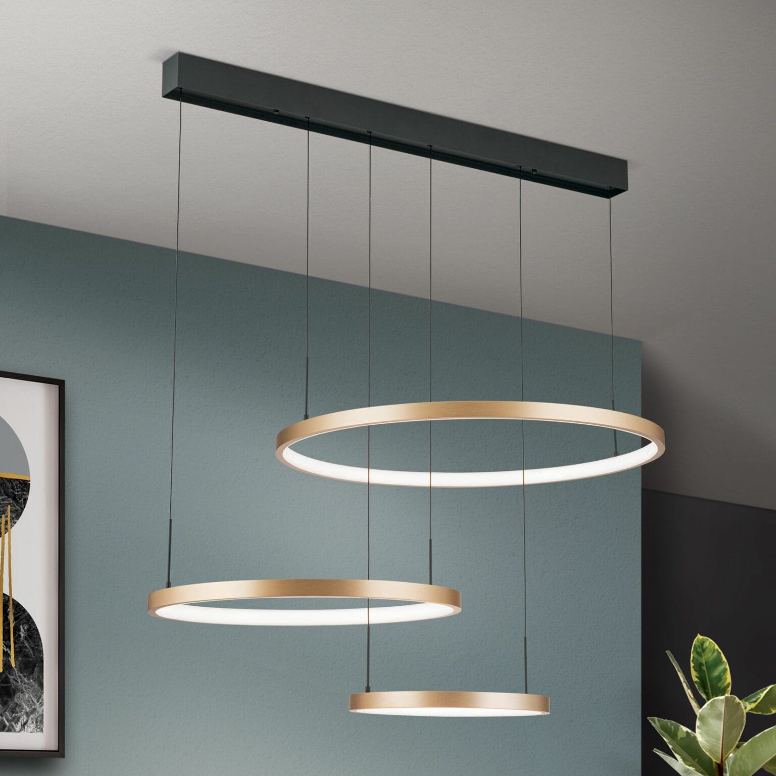 LED pendant lamp SPHERE, gold matt, with 3 light rings – NIKO GROUP
